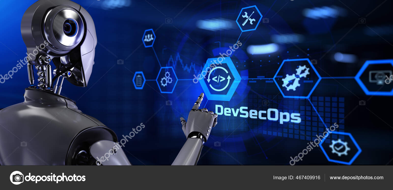 Devsecops Programming Software Development Concept Robot Pressing Button On Screen 3d Render
