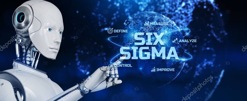 Concepto DMAIC de seis sigma. Robot pulsar botón en la pantalla de ...