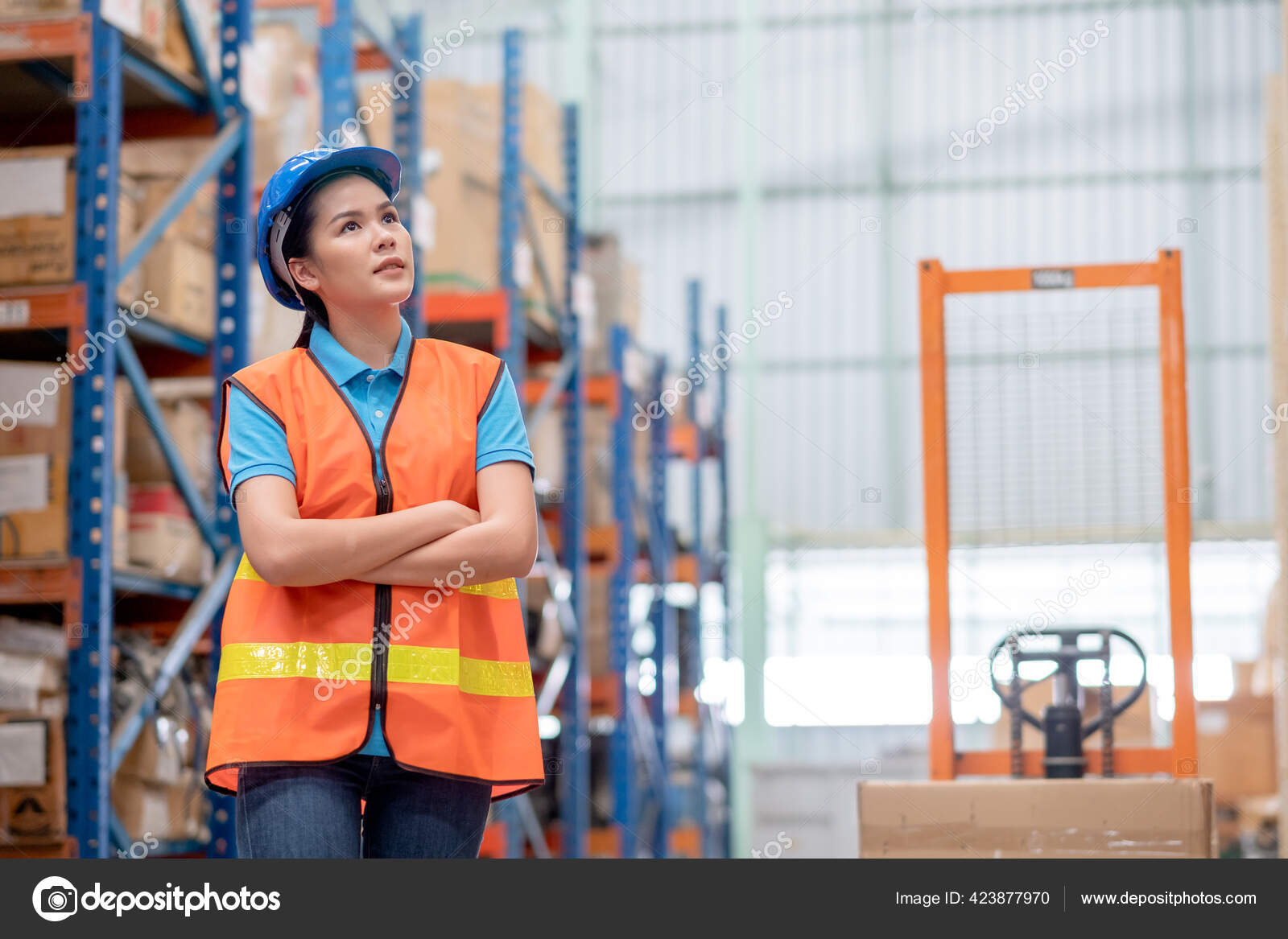 Warehouse Woman Factory Worker Blue Hard Hat Uniform Stand Front ...