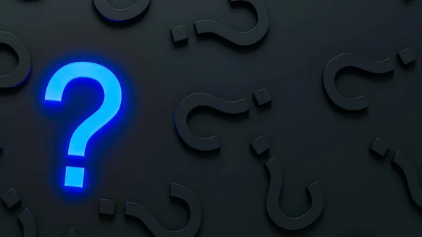 Blue glowing question mark on a background black and grey signs. 3D ...