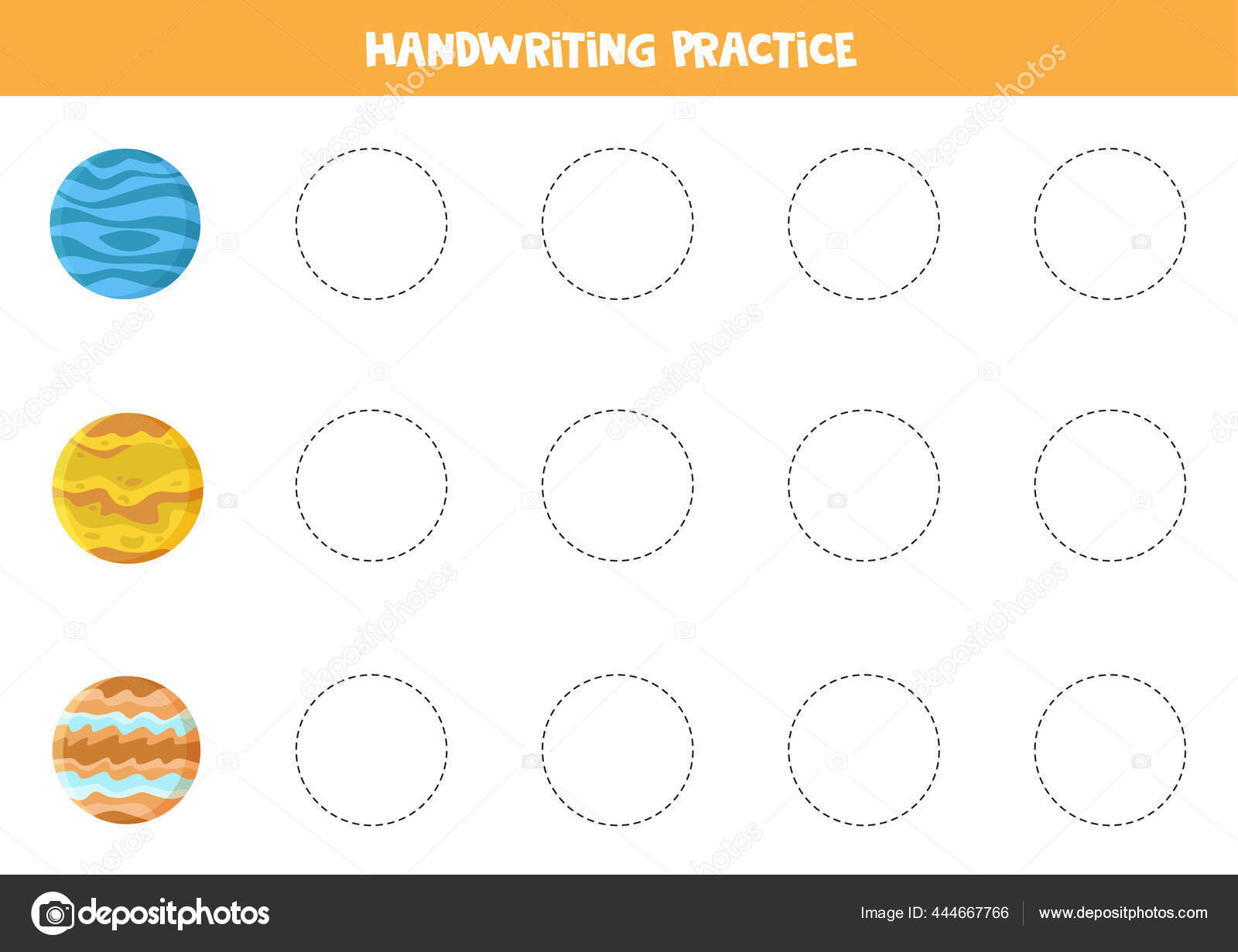 Tracing contours page with cartoon planets. Neptune, Venus and Jupiter ...