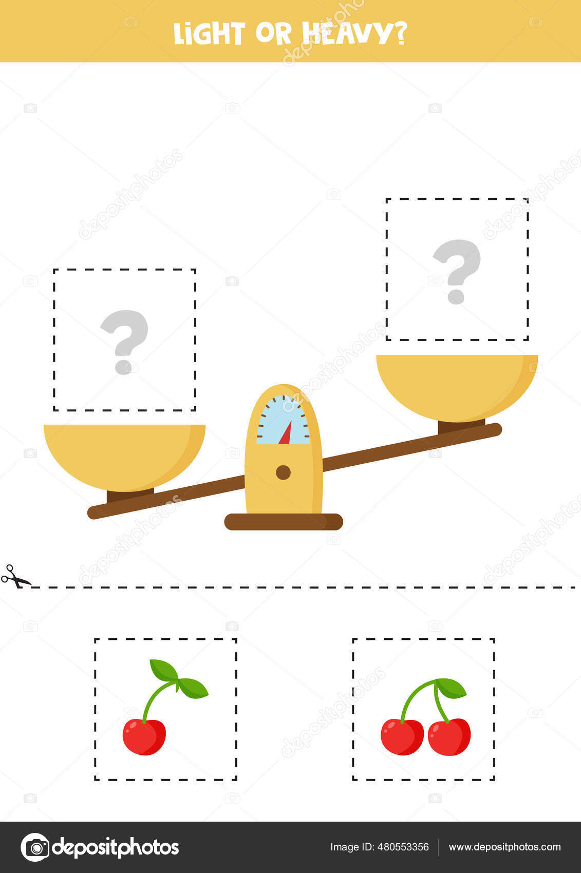Light Heavy Educational Worksheet Scales Introduction Weight Kids Stock ...