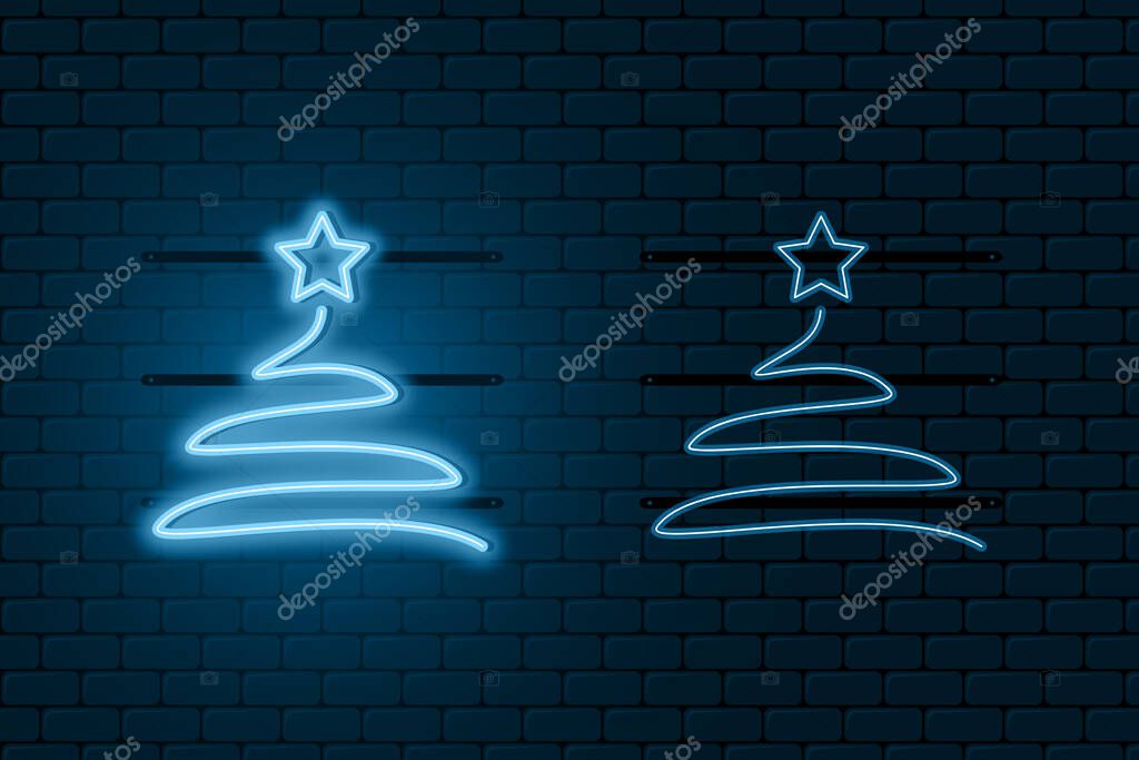 Signo de luz de neón del árbol de Navidad. Abeto de neón brillante azul ...