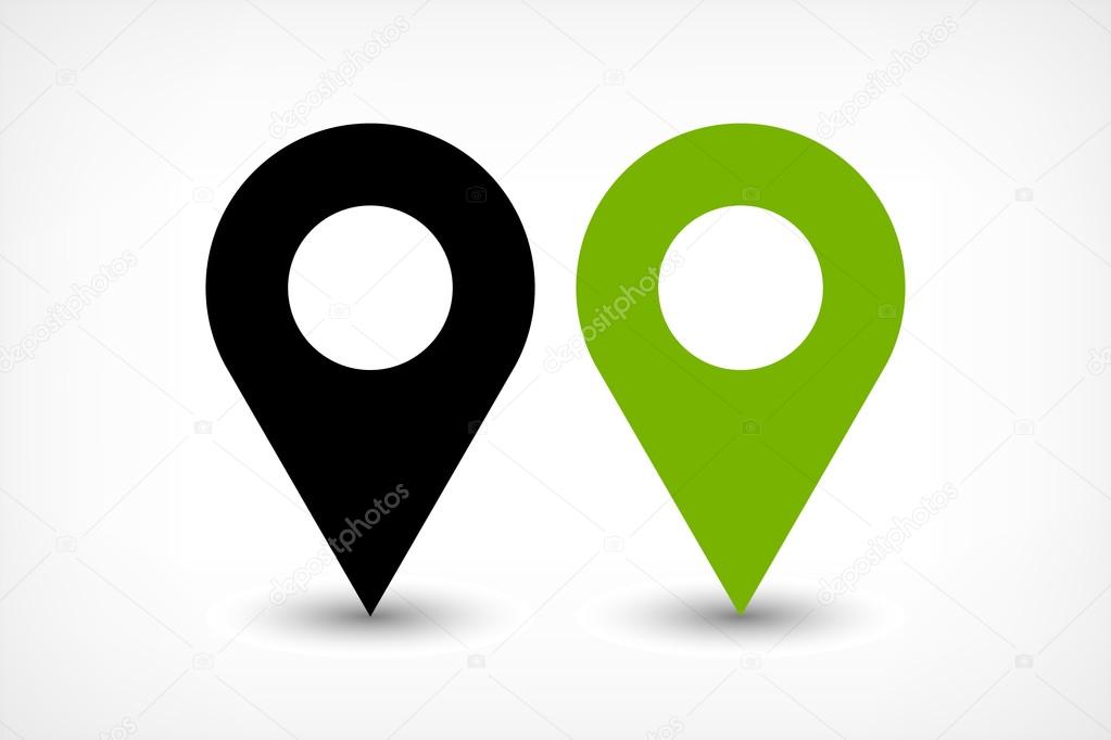 Green map pins sign location icon with ellipse gray gradient shadow in ...