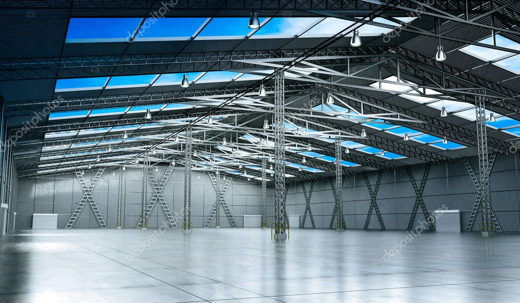 Almacén vacío con ventanas de techo y varios pilares - Ilustración 3D 2022