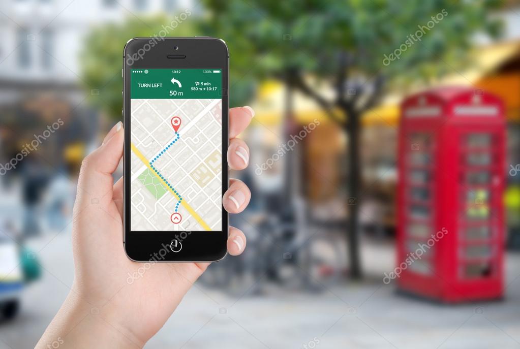 Map gps navigation application on the smartphone screen in femal Stock ...