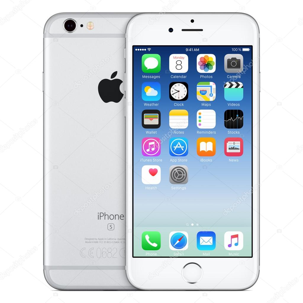 Silver Apple iPhone 6s front view with iOS 9 on the screen — Stock ...
