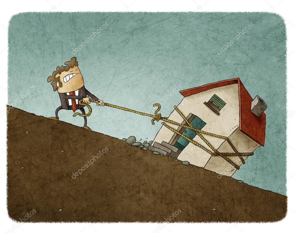 Businessman pulling up his house along the slope — Stock Photo ...
