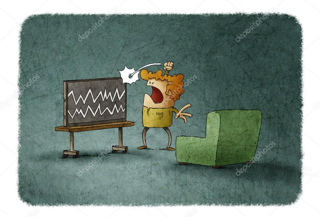 Angry man hitting TV at home — Stock Photo © JrCasas #120846634