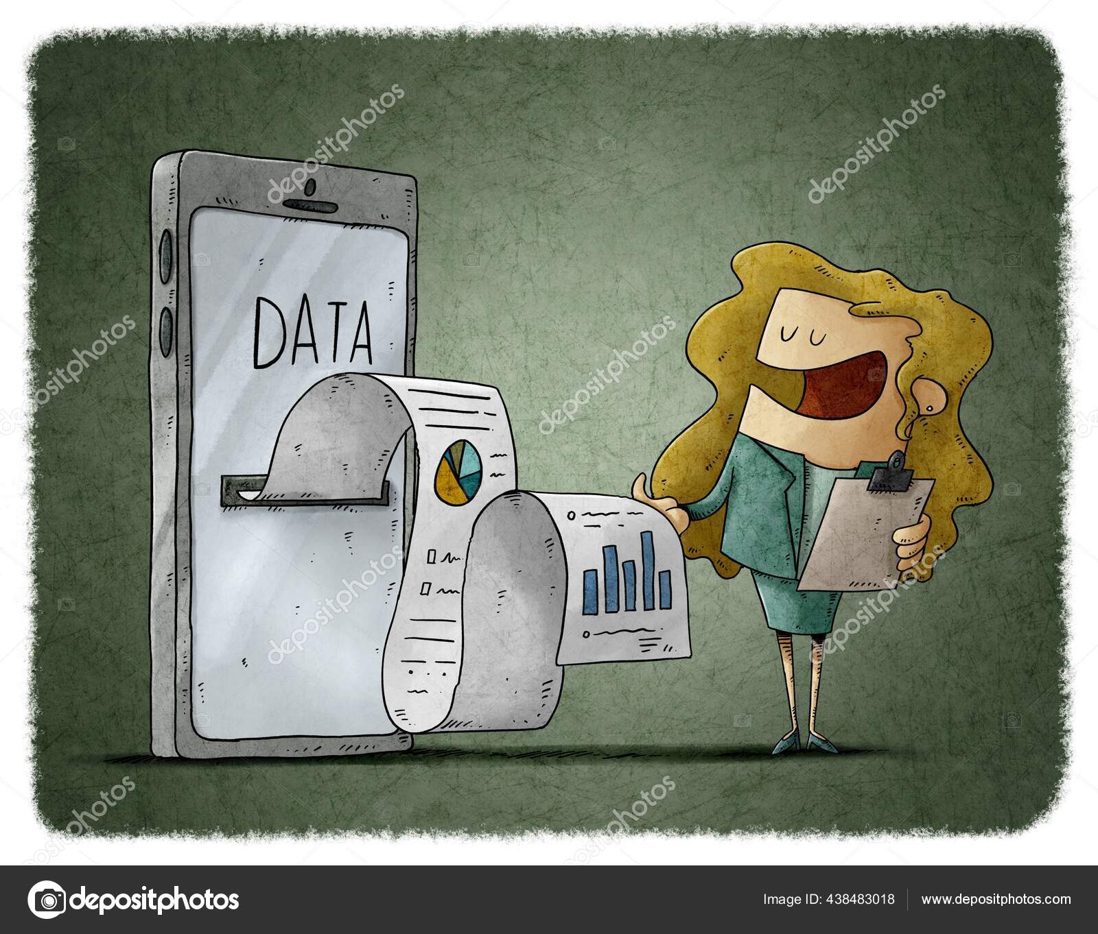 Illustration Woman Extracting Data Huge Mobile Which Comes Out Long ...