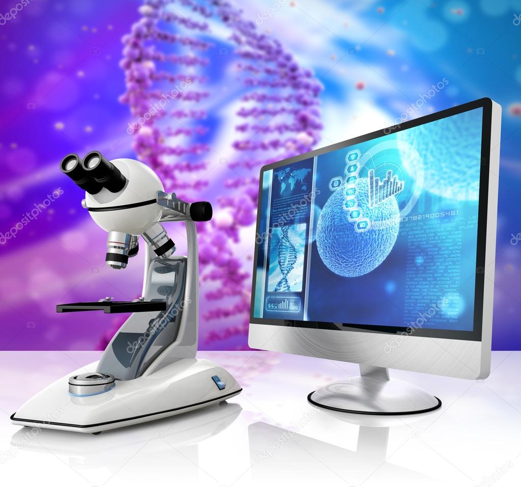 Microscope and computer on scientific abstract background — Stock Photo ...