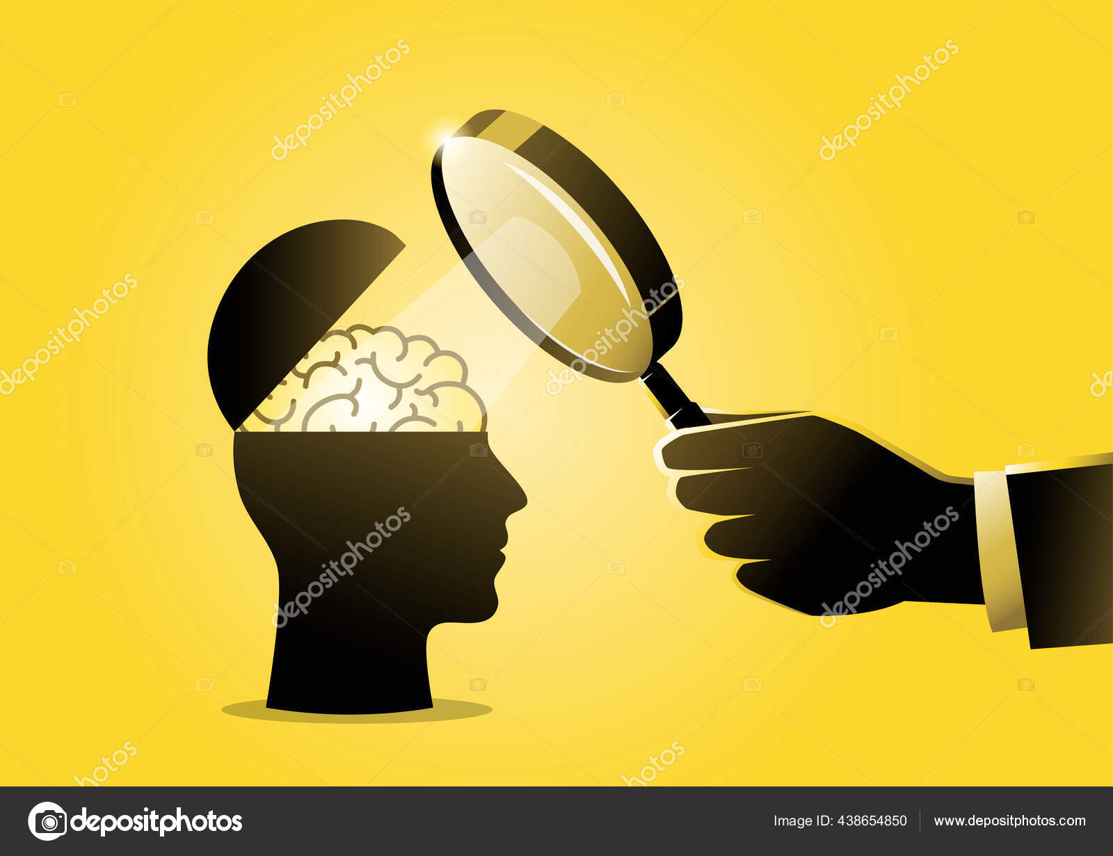 Illustration Giant Hand Magnifying Glass Looking Big Head Brain Stock ...