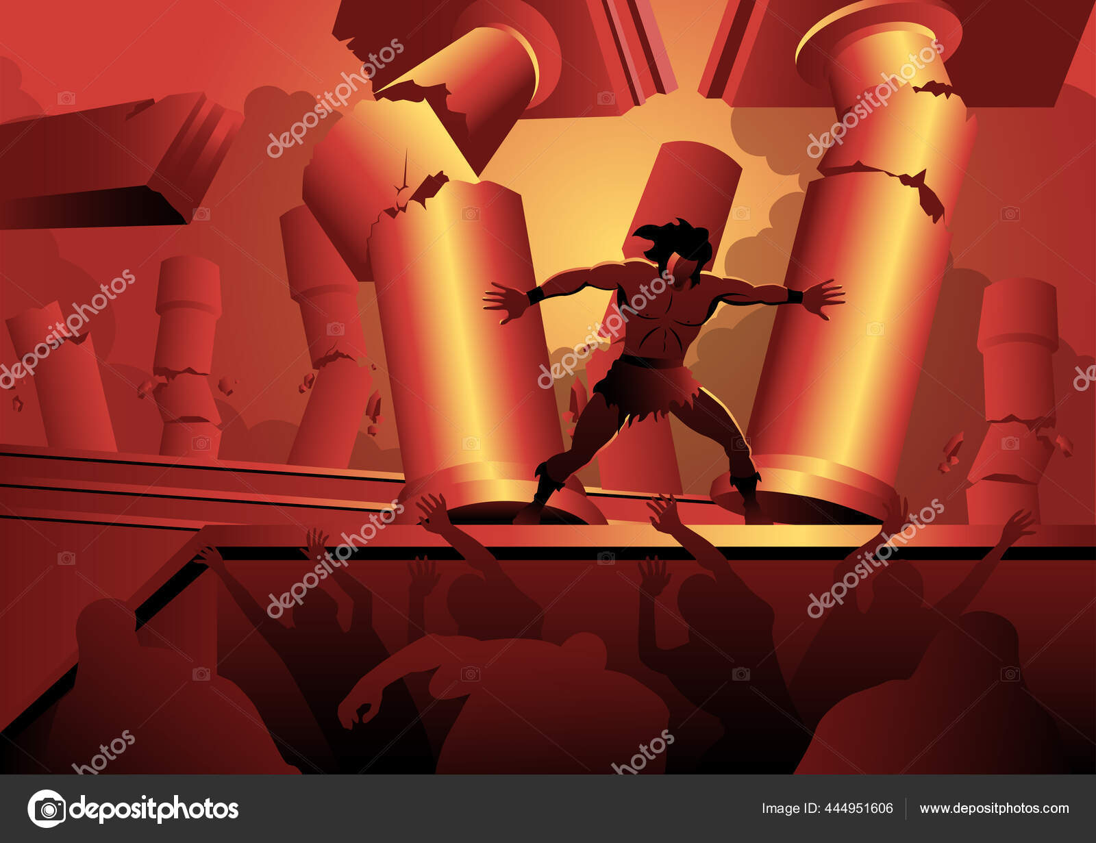 Illustration Samson Standing Pillars Temple Pushing Them Apart Biblical ...