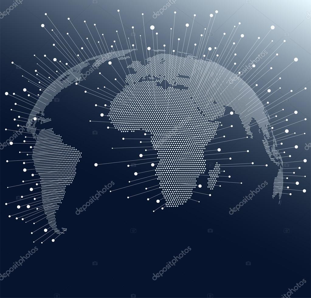 Mapa del mundo con puntos y líneas. Conexiones globales de red 2023
