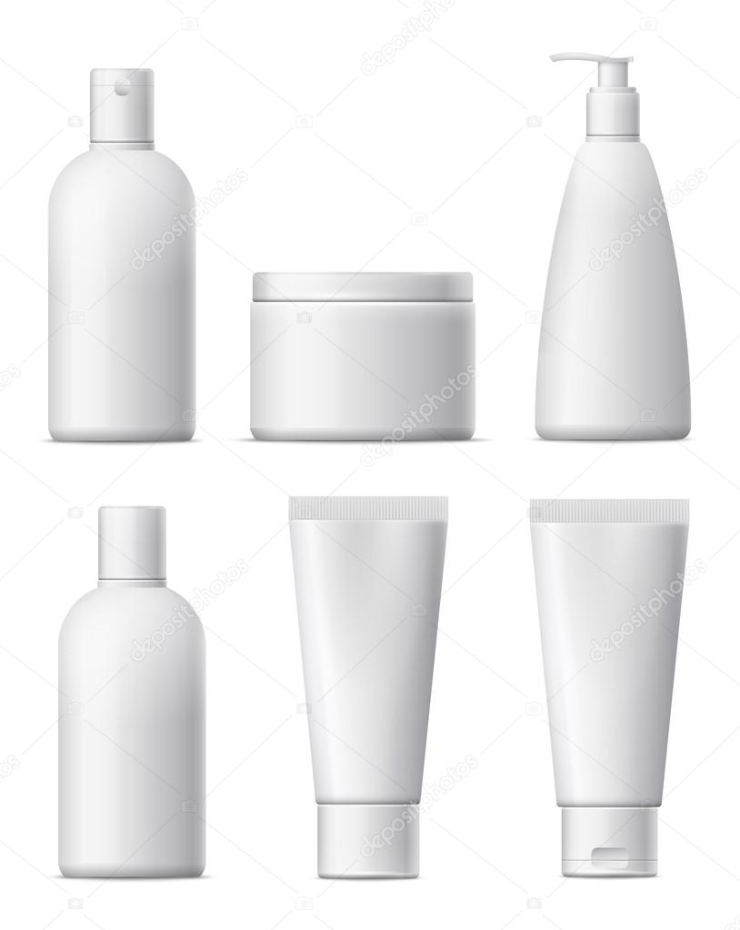 Blank cosmetic package set. White plastic bottle, beauty product ...