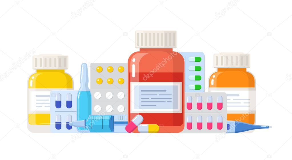 Frasco de medicamentos, cápsulas y tabletas, vacuna contra el ...