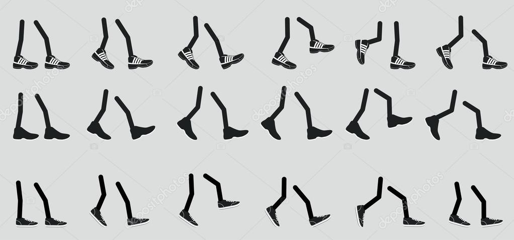 Various legs in shoe, walking feet sneakers in various positions ...