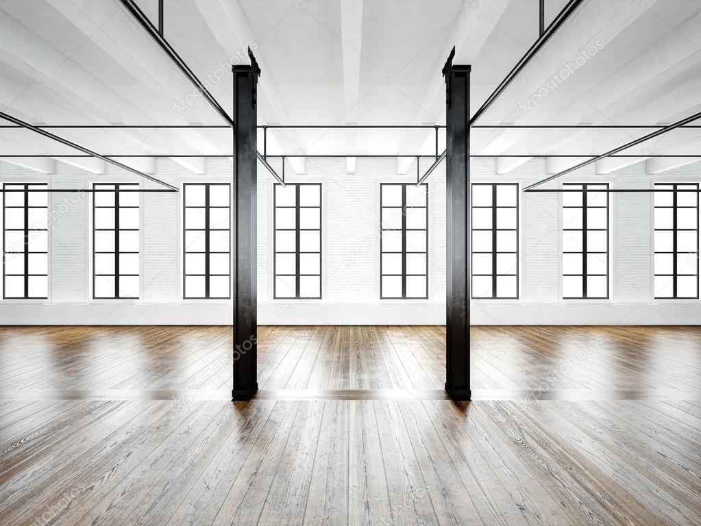 Photo of open space interior in modern loft. Empty white walls. Wood ...