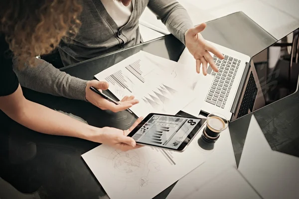 Research department working process.Photo woman showing business ...