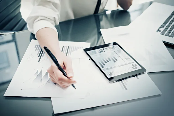 Investment manager working process.Photo woman work reports modern ...