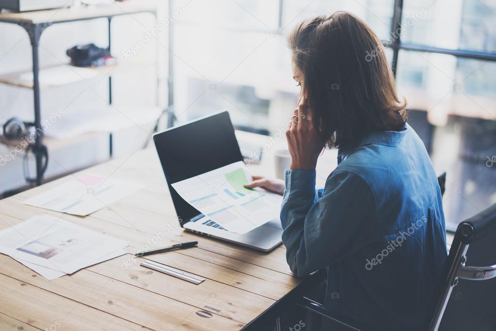 Working process modern office. Account manager working wood table with ...