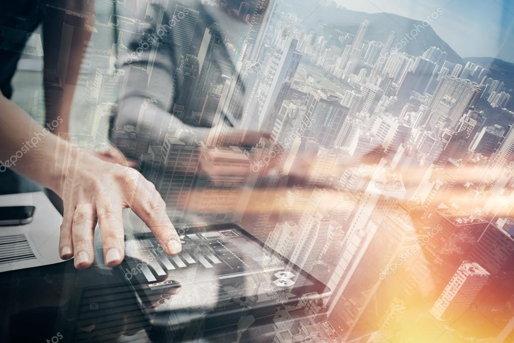 Finance working process.Double exposure photo woman showing business ...