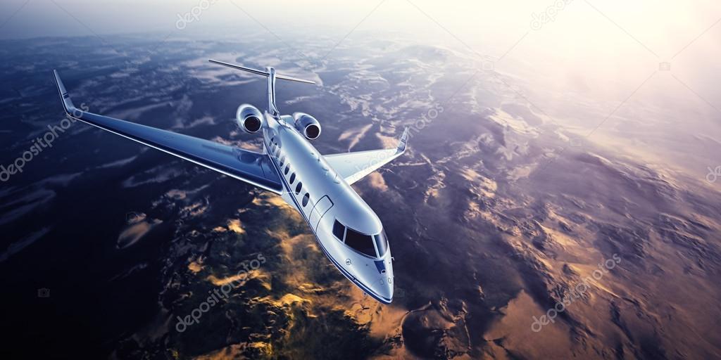 Realistic photo of silver generic design private Jet flying over the ...