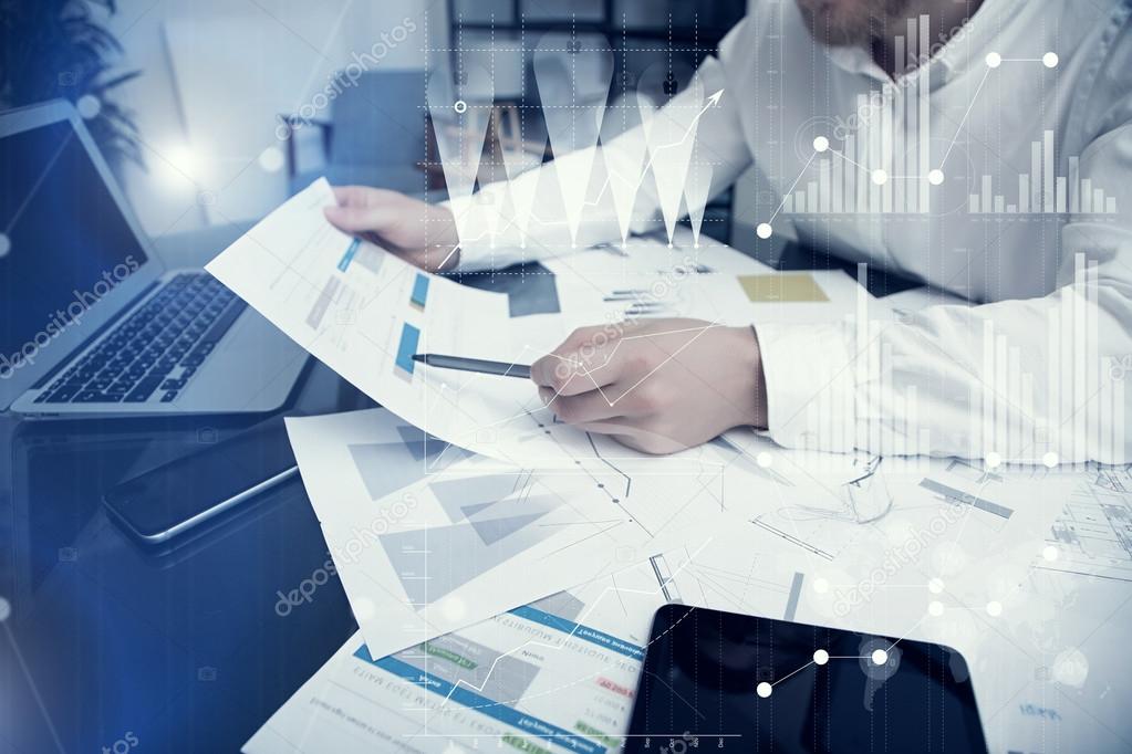 Banker manager working process.Photo bank trader work market charts ...