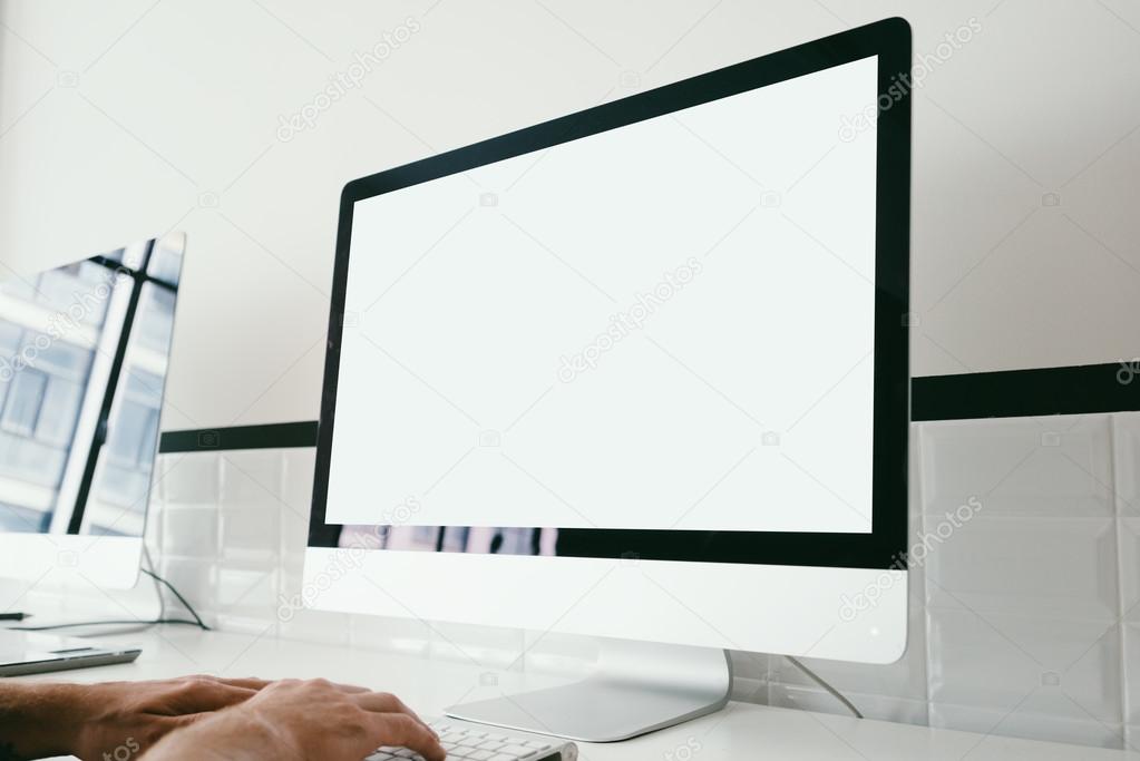 Workspace with generic design computer on the table — Stock Photo ...