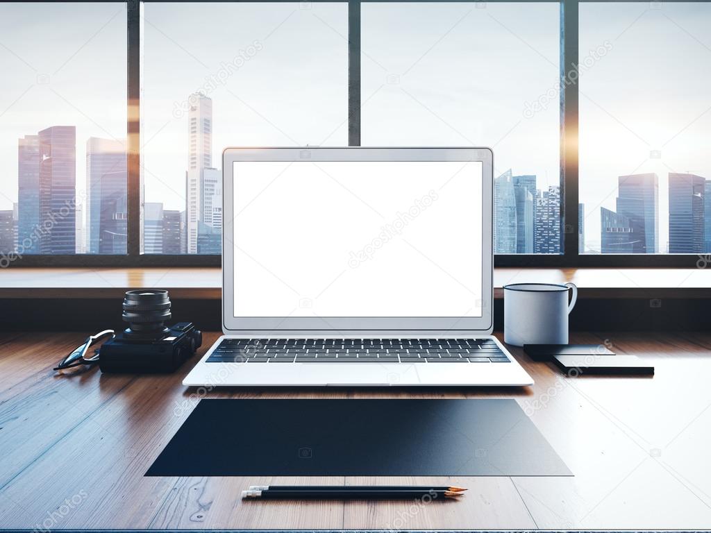Workspace with panoramic windows Stock Photo by ©kantver 87946348