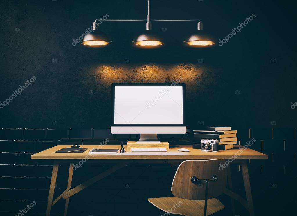 Workspace, generic design computer screen on the table. Horizontal ...