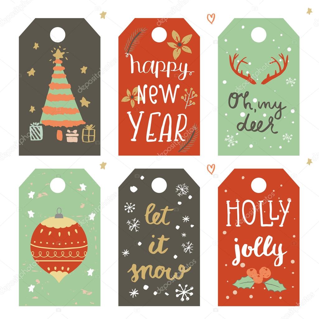 Christmas gift tags with lettering and ink illustration Stock Vector by ...