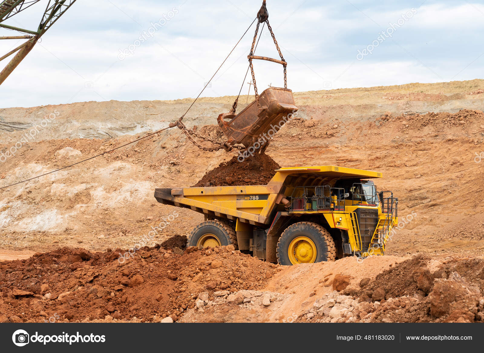 Large Excavator Loads Rock Iron Bauxite Mining Dump Truck Quarry ...