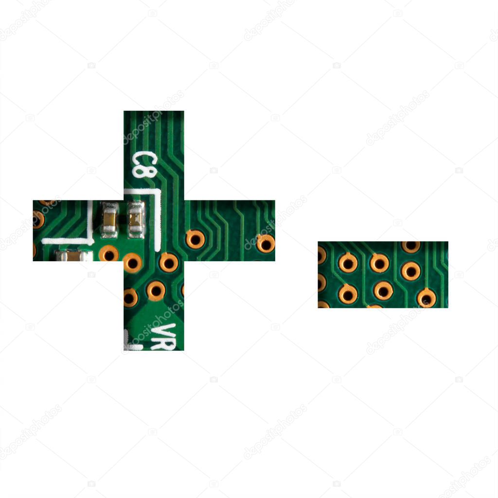 Fuente de tecnología digital. Más y menos signos cortados de blanco en ...