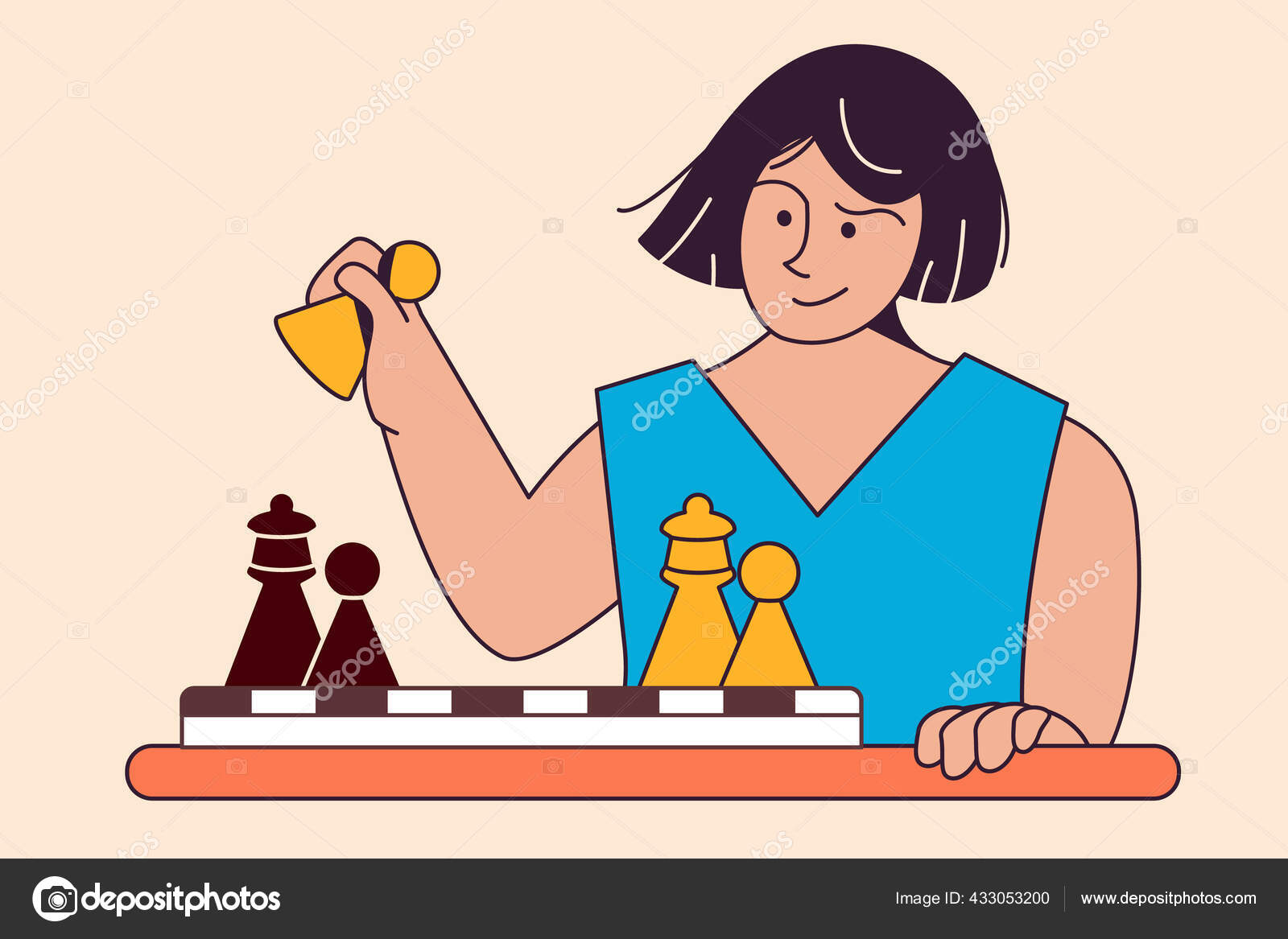 Smart woman chess player holds pawn in hand exposing queen. Royal ...