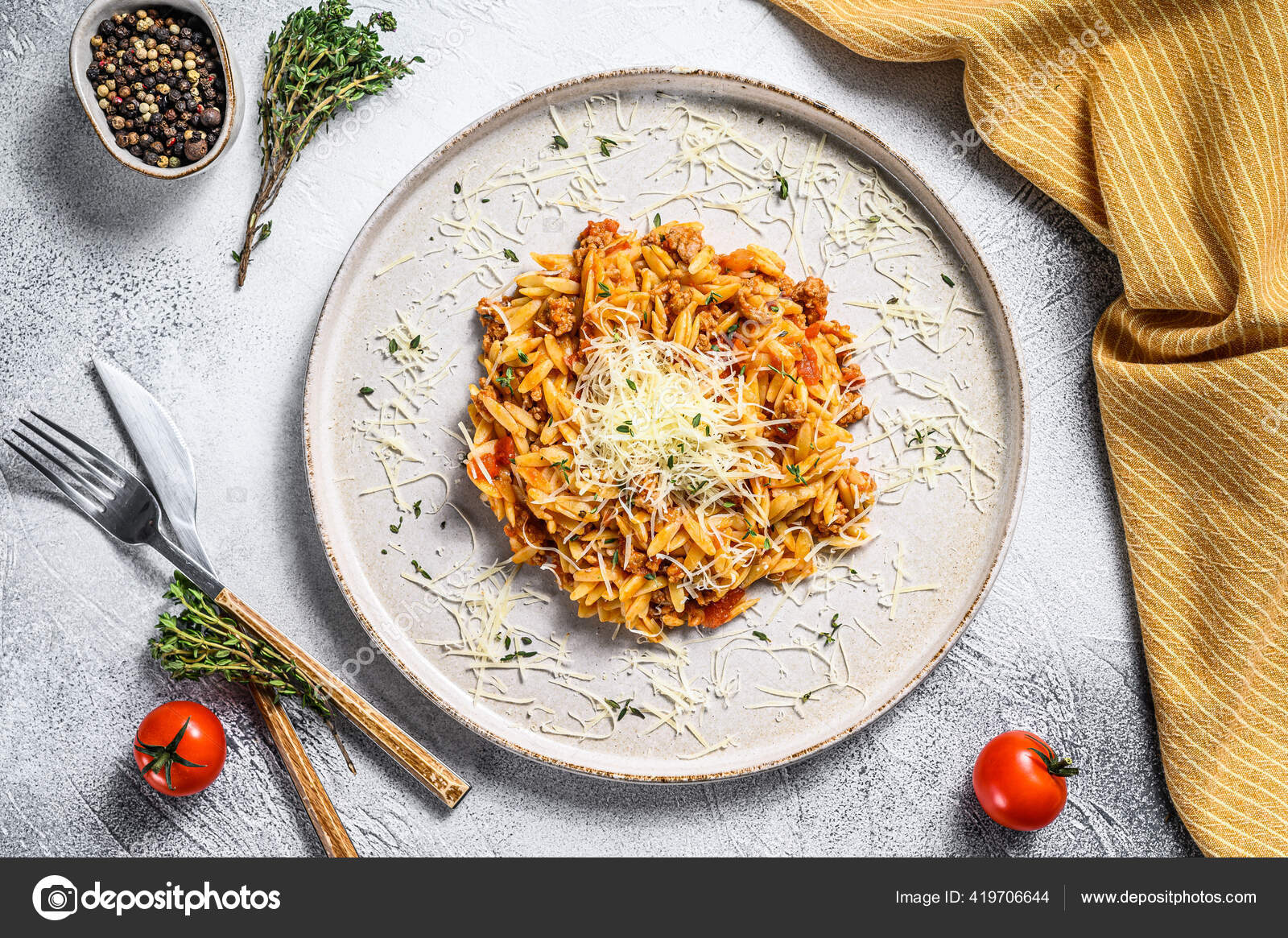 Bolognese Pasta Risone Ground Beef White Background Top View Stock ...