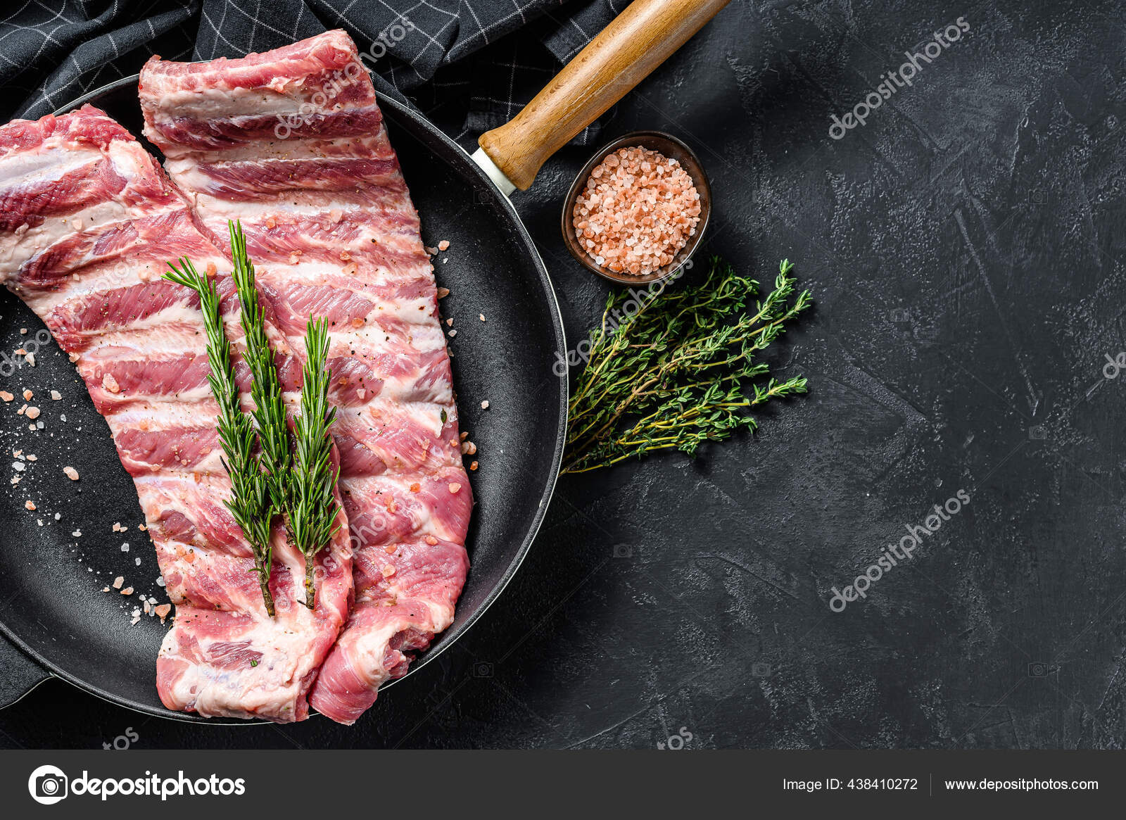 Rack Uncooked Raw Pork Spare Ribs Seasoned Spices Pan Black — Stock ...