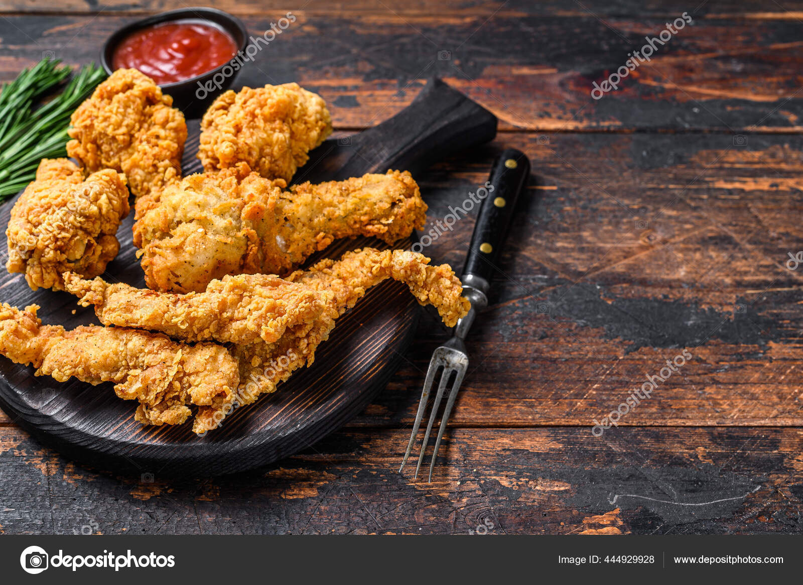 Breaded Chicken Drumstick Leg Wing Breast Tenders Strips Dark Wooden ...