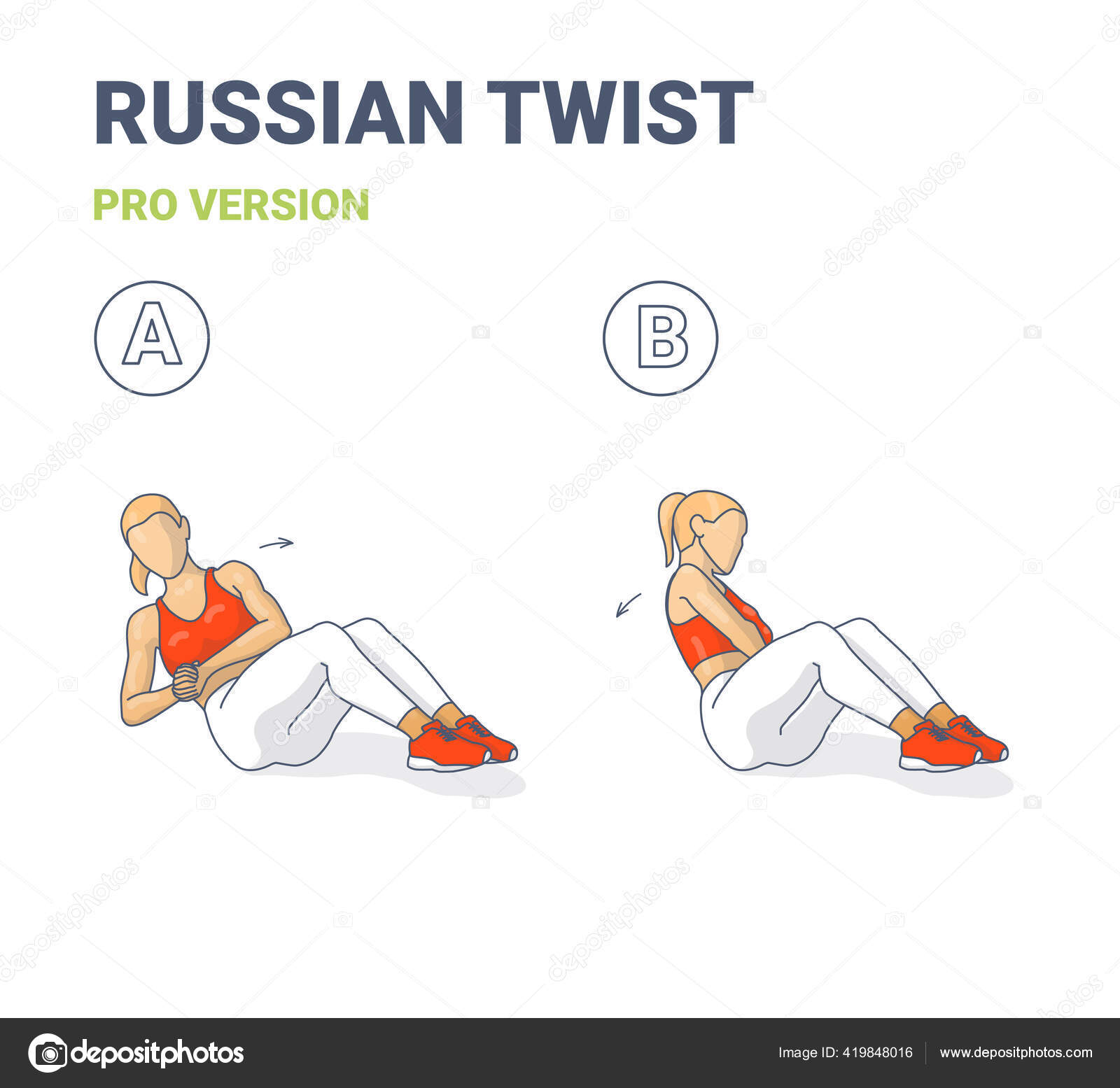 Russian Twists Female Home Workout Exercise Guide Illustration in Two ...