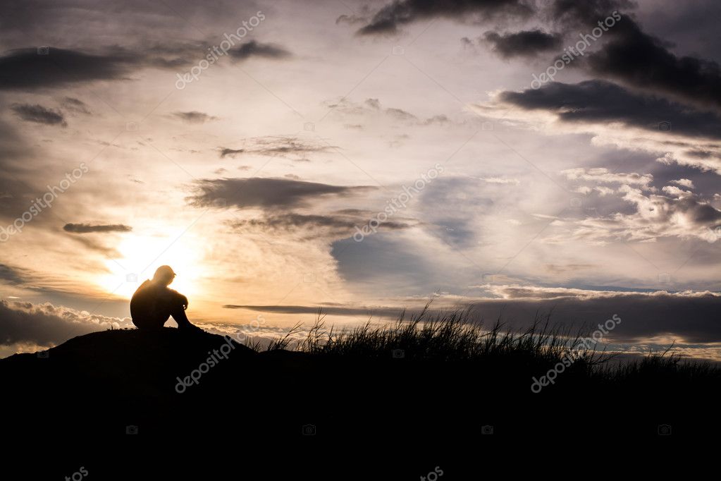 Sad Boy Silhouette Worried Meadow Sunset Silhouette Concept Stock Photo ...