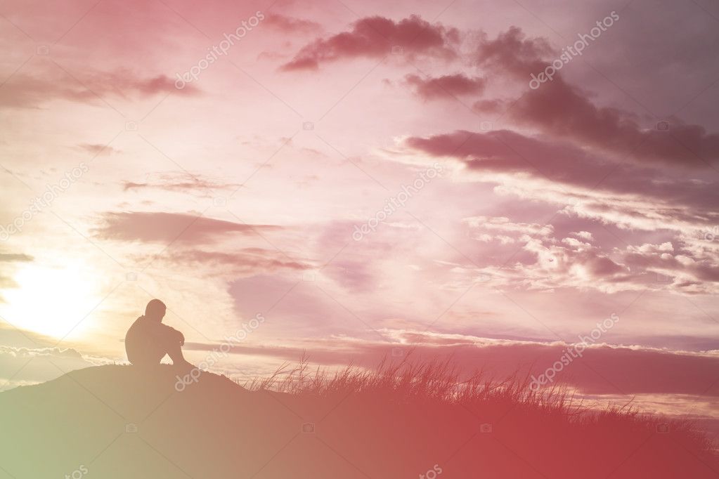 Sad Boy Silhouette Worried Meadow Sunset Silhouette Concept Stock Photo ...