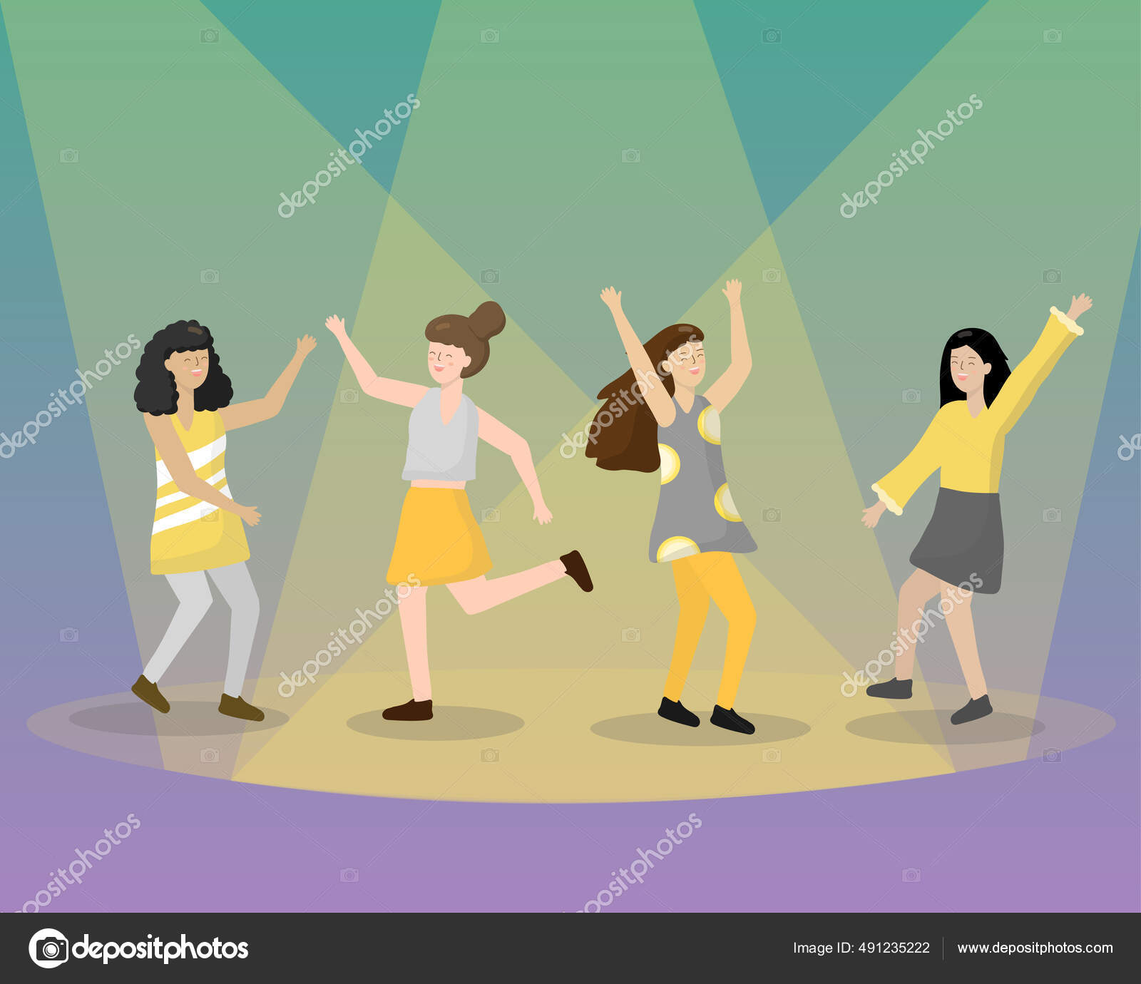 Cartoon Party People Group Young Girls Dancing Stage Women Enjoying ...