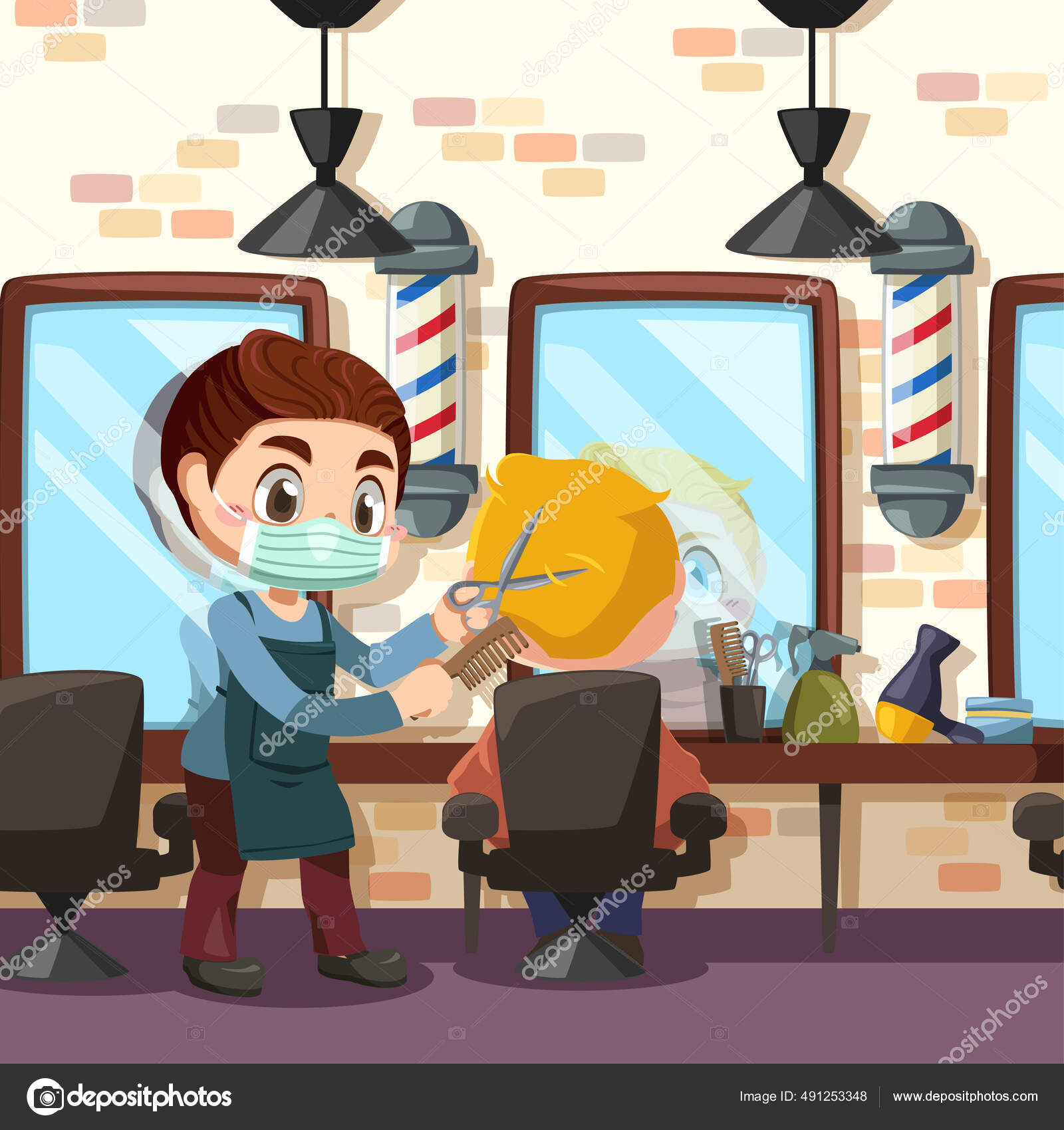 Young Professional Barber Making Haircut Client Scissors Barbershop ...