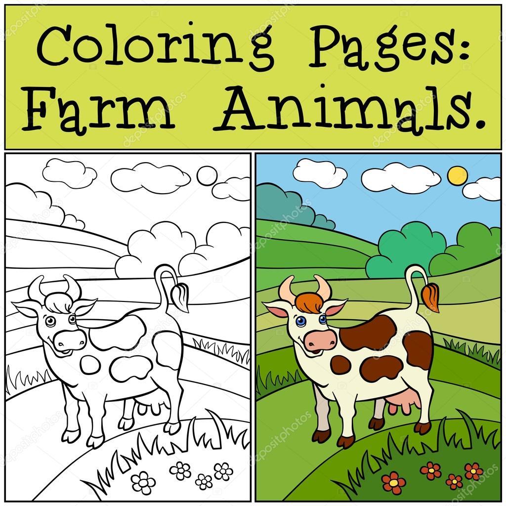 Coloring Pages: Farm Animals. Cute cow stands on the field and s Stock ...
