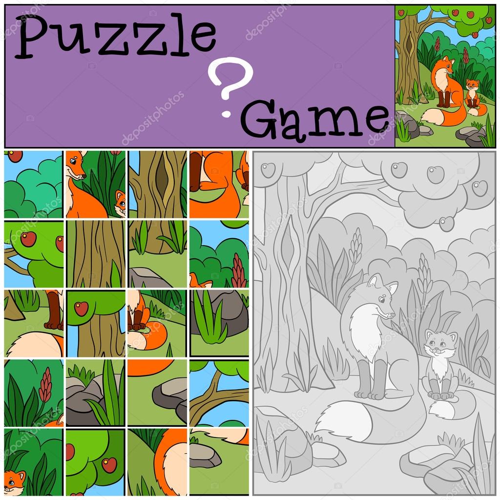 Education games for kids. Puzzle. Mother fox with her little cute baby ...