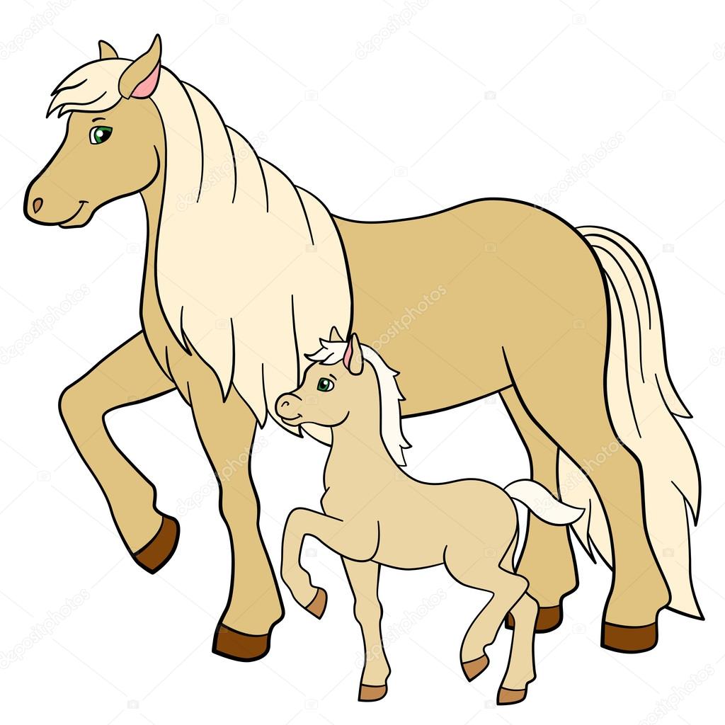 Dibujos animados animales de granja. Caballo de la madre con su potro ...