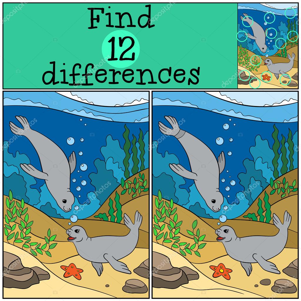 Educational game: Find differences. Two little cute seals. Stock Vector ...