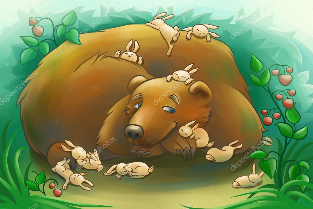 Kind bear with the little rabbits Stock Illustration by ©ya-mayka #52351325