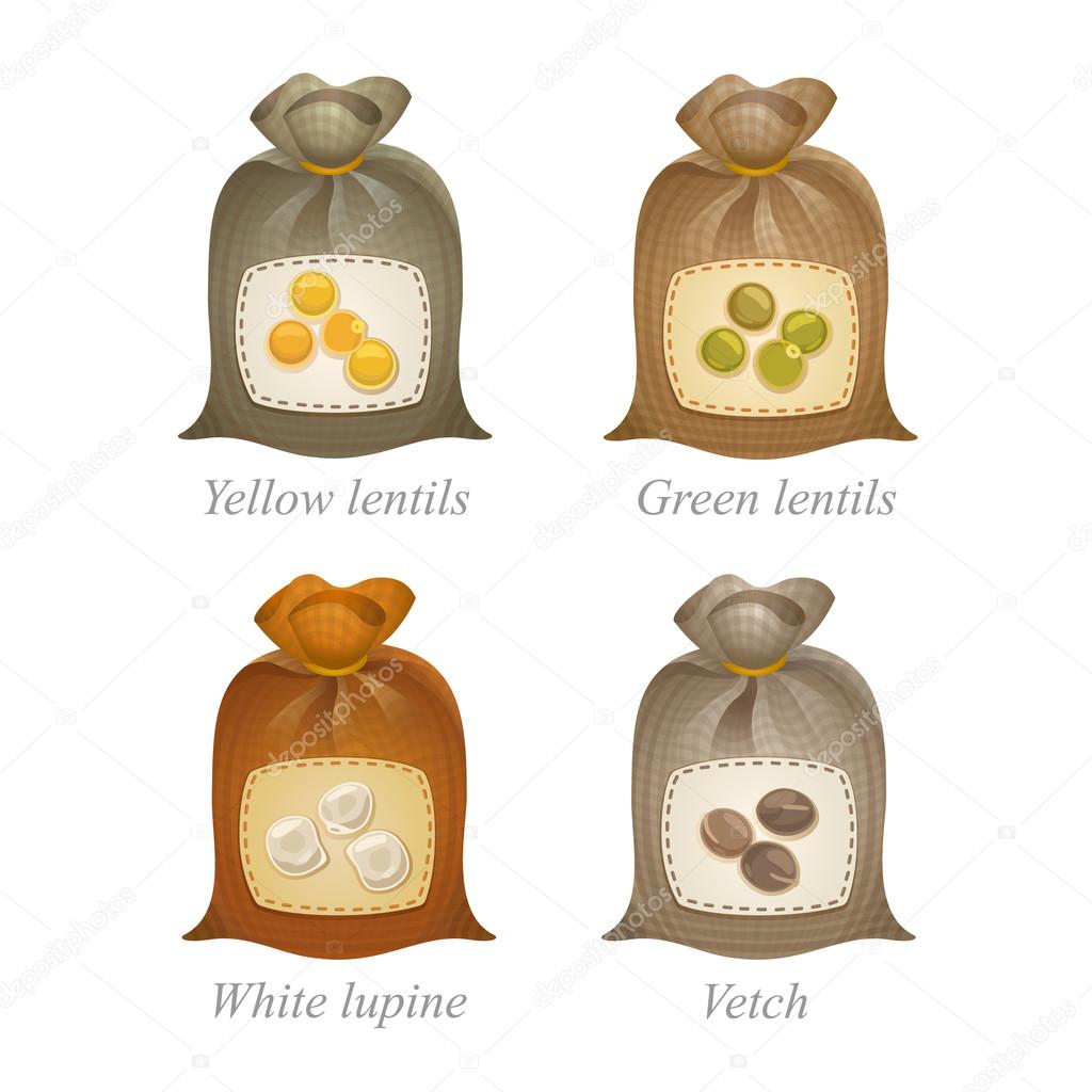 Four tied sacks with beans and peas labels on them Stock Vector Image ...