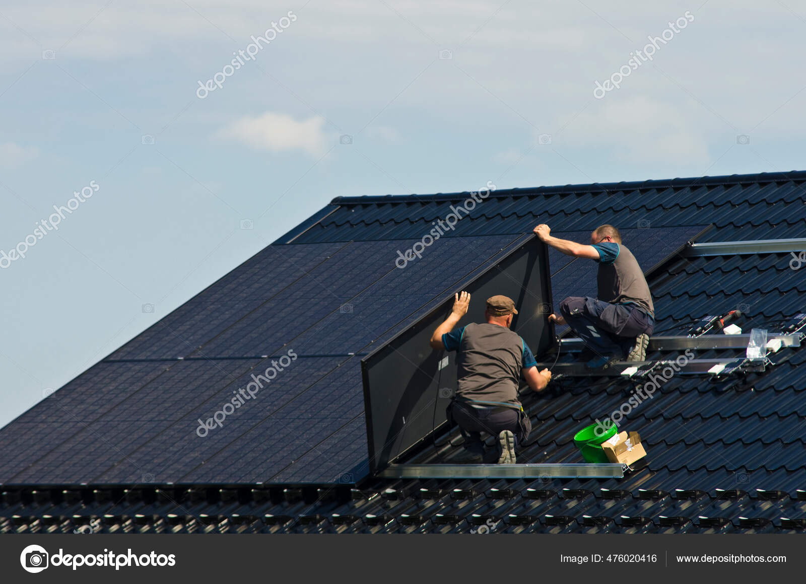 Installing New Black Solar Panels Metal Roof Private House Ecology ...